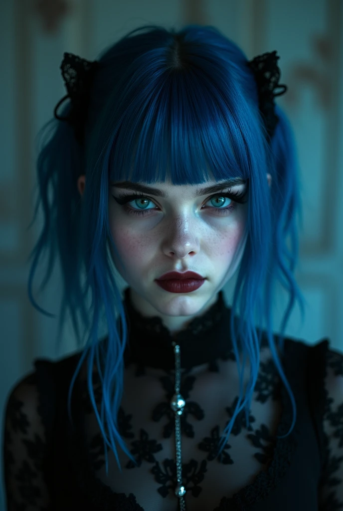 Blue haired girl trad goth spooky - SeaArt AI