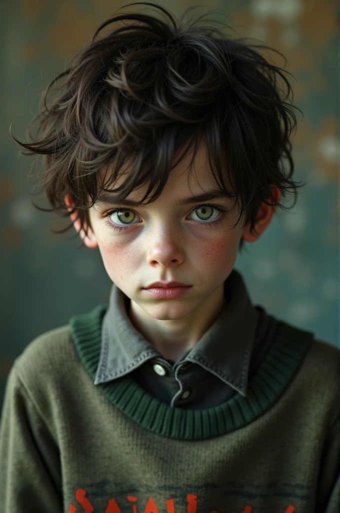 Thin boy, white skin, dark brown messy hair, green eyes and a dr ...