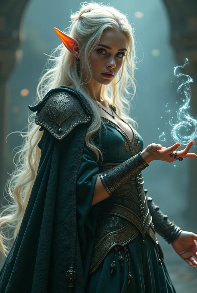 A pretty female elf mage staring at camera, very magical, perfect skin ...