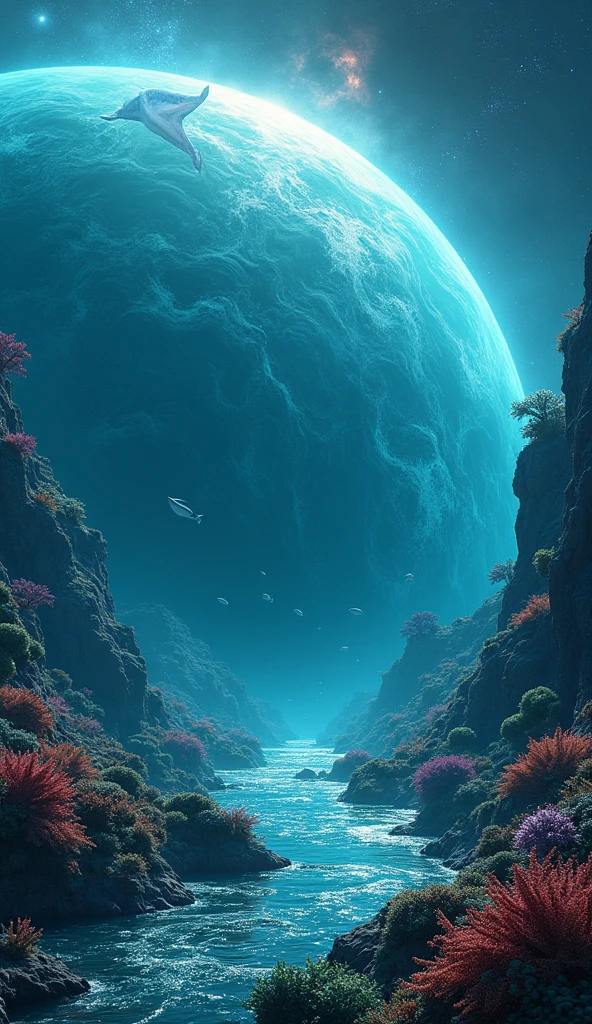 A planet in space with lots of water and various forms of life - SeaArt AI
