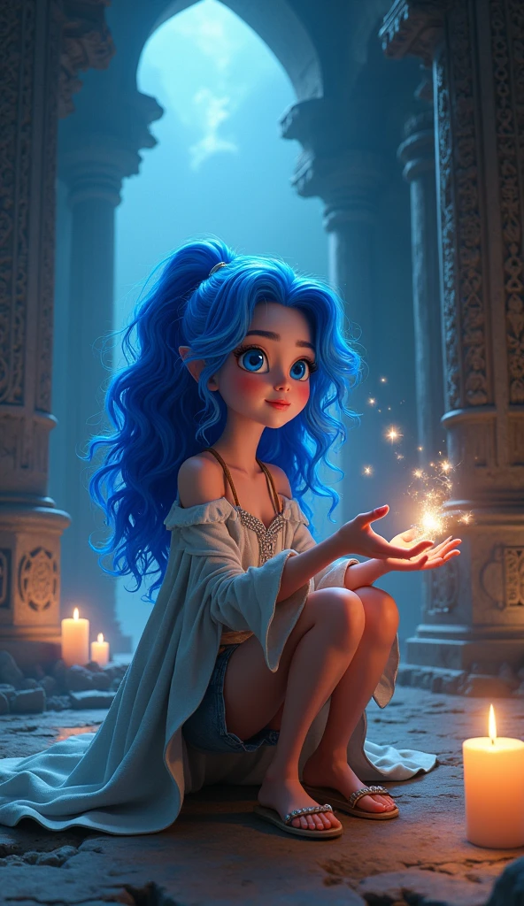 3D style cartoon Age 22 girl with blue and curly hair with blue eyes He ...