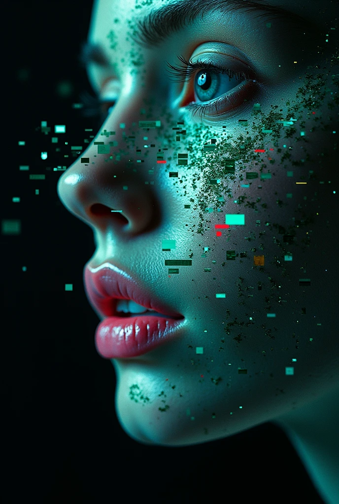 A hyper-realistic close-up of a fragmented face, dissected by razor ...