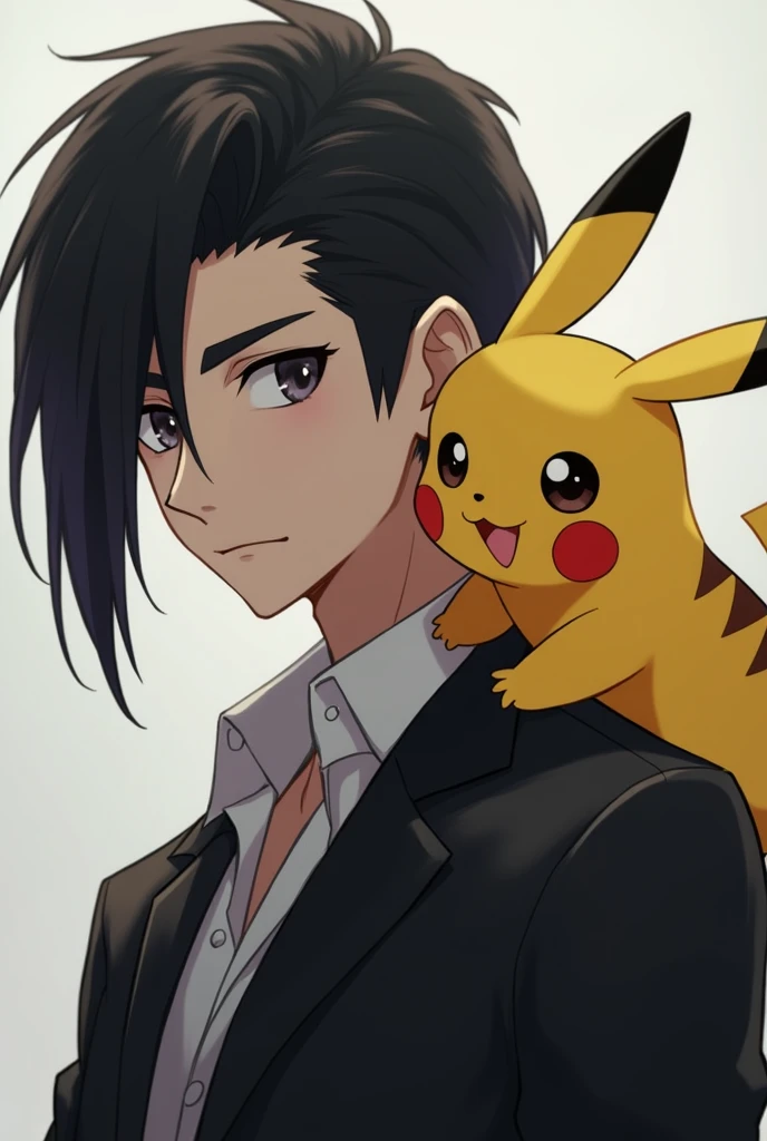 male with black hair, smooth and straight, on the side a Pikachu ...