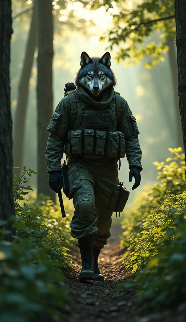 A wolf-headed soldier with a human body, stealthily moving through a ...