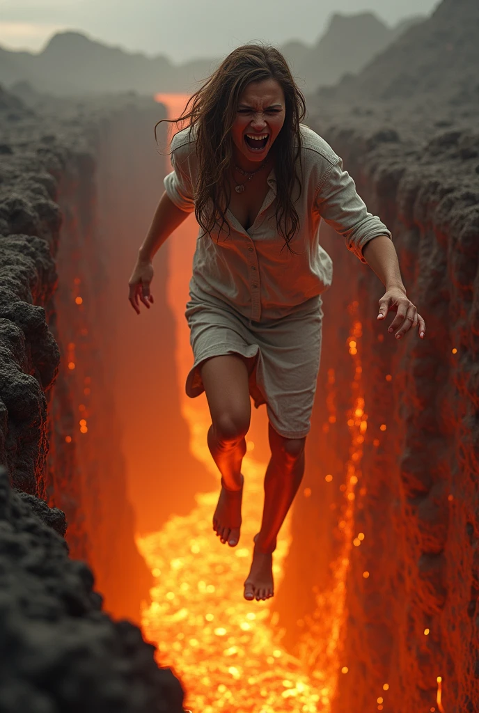 Young woman barefoot scared holding on edge with one hand above lava ...