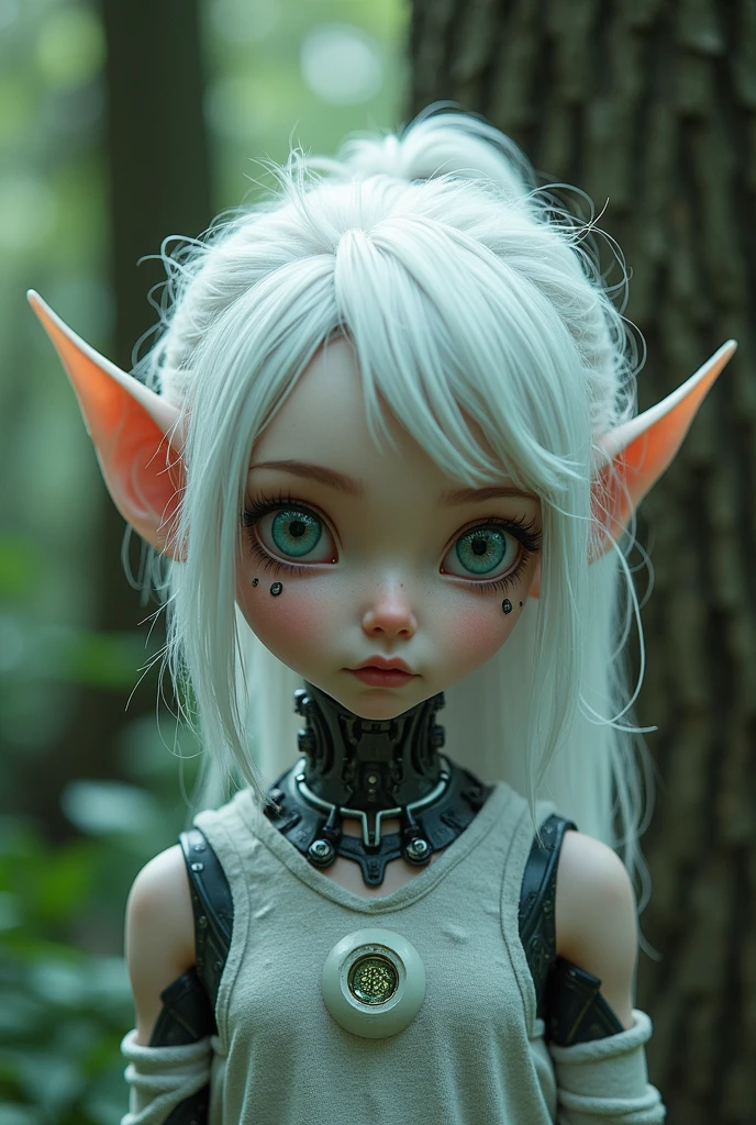 (Elf),pile skin,white hair,cute face,(implant),robotic part,energy cell ...