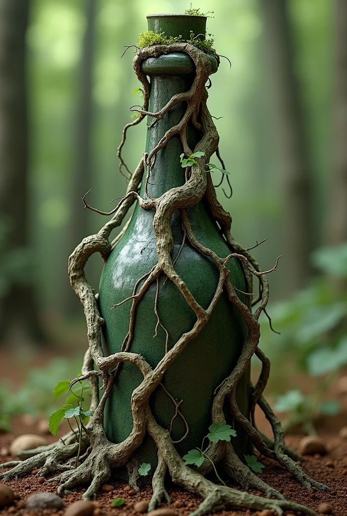 Bottle fused with nature, roots on top - SeaArt AI
