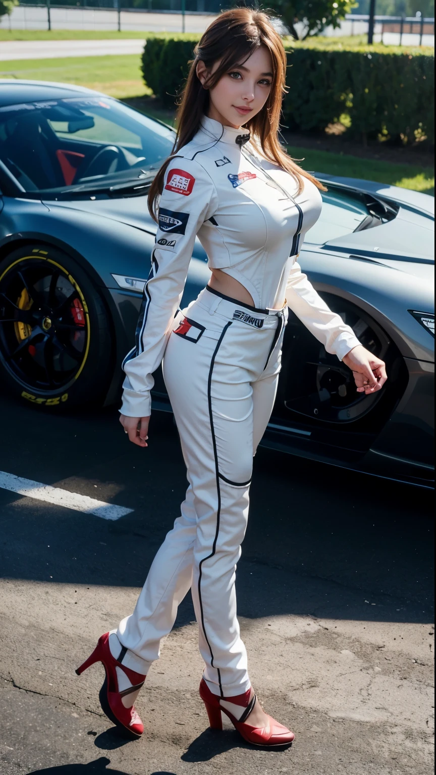 A close up of a woman in a racing outfit walking in front of a car ...