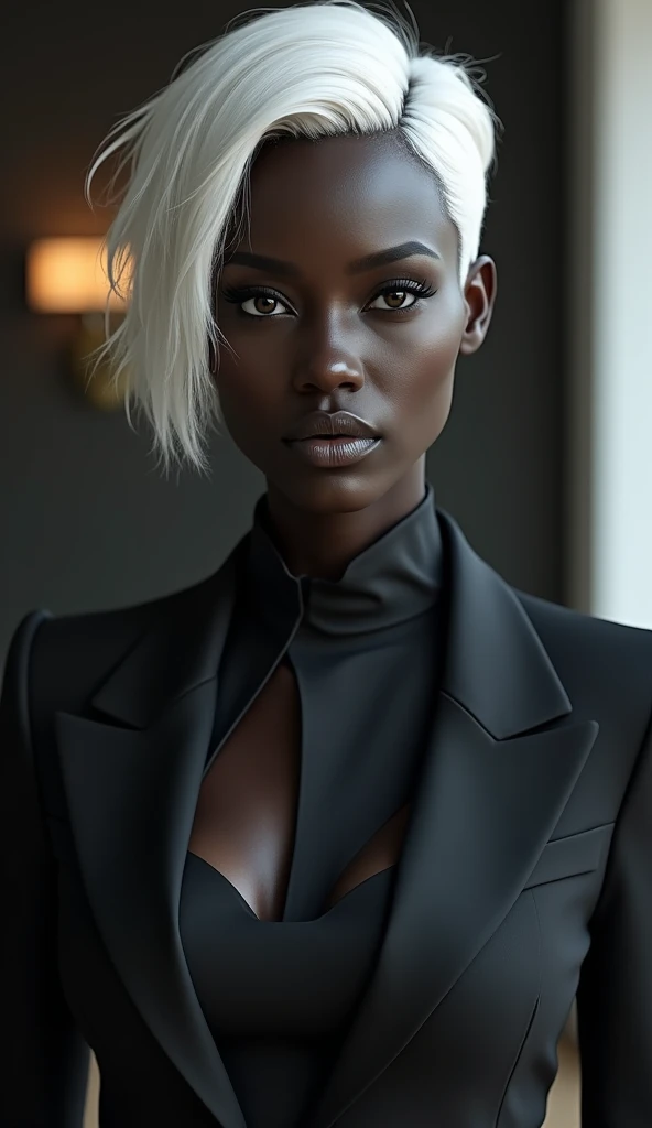 Black。Jet Black Skin。Beauty。Female announcer。White Short Hair - SeaArt AI