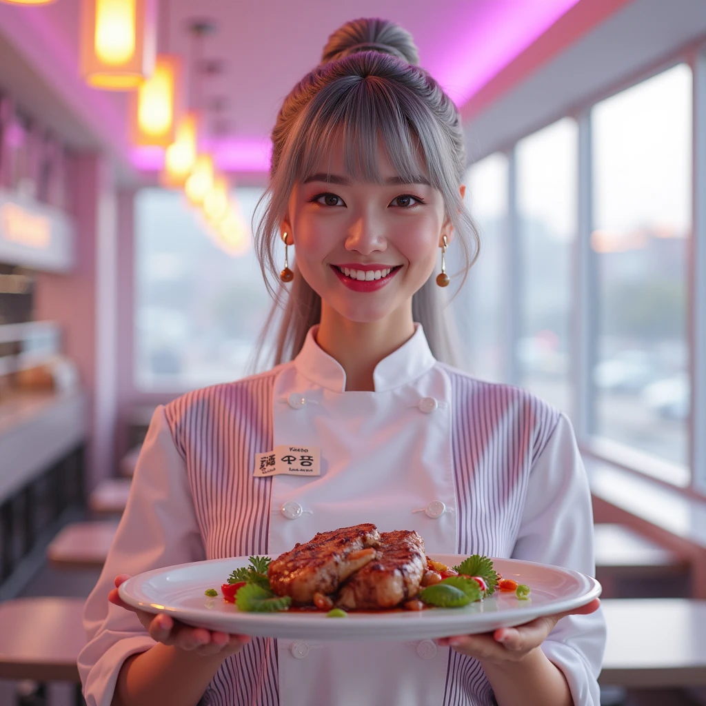 Asian female beautiful chef, sophisticated appearance, wearing a ...