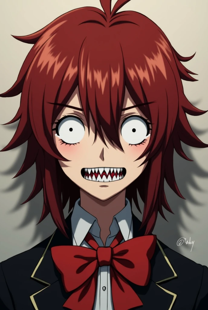 Long reddish red wavy hair anime boy, eyes with white iris, wearing a ...