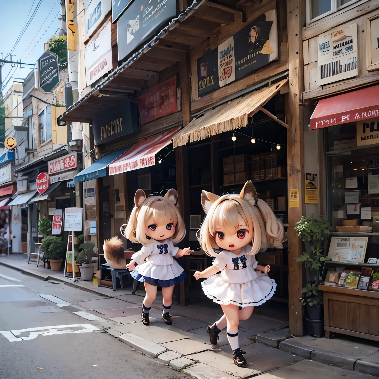 Two dolls are walking down the street in front of a store - SeaArt AI