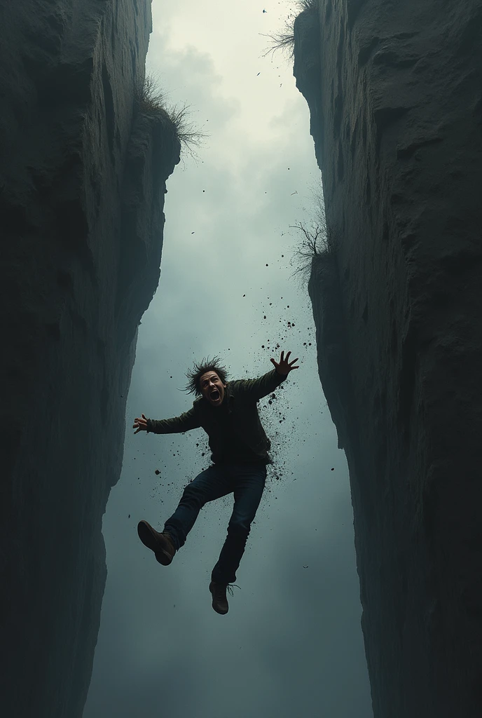 Create a scared man falling off a cliff, with black tones in the ...