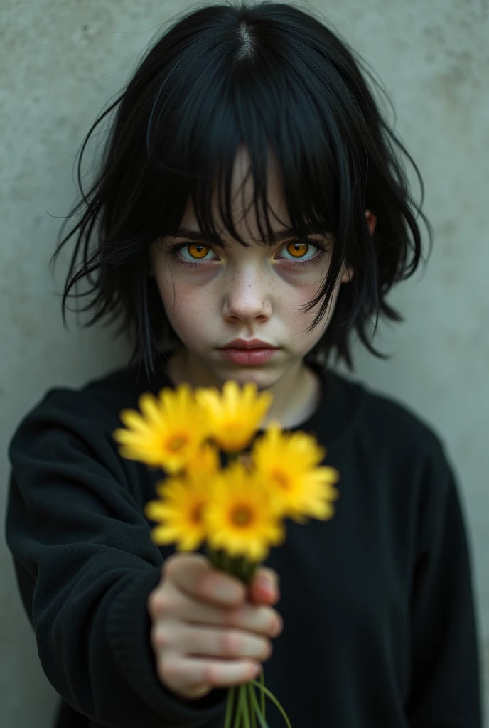 1 light skinned teenager, black hair and golden eyes that are piercing ...