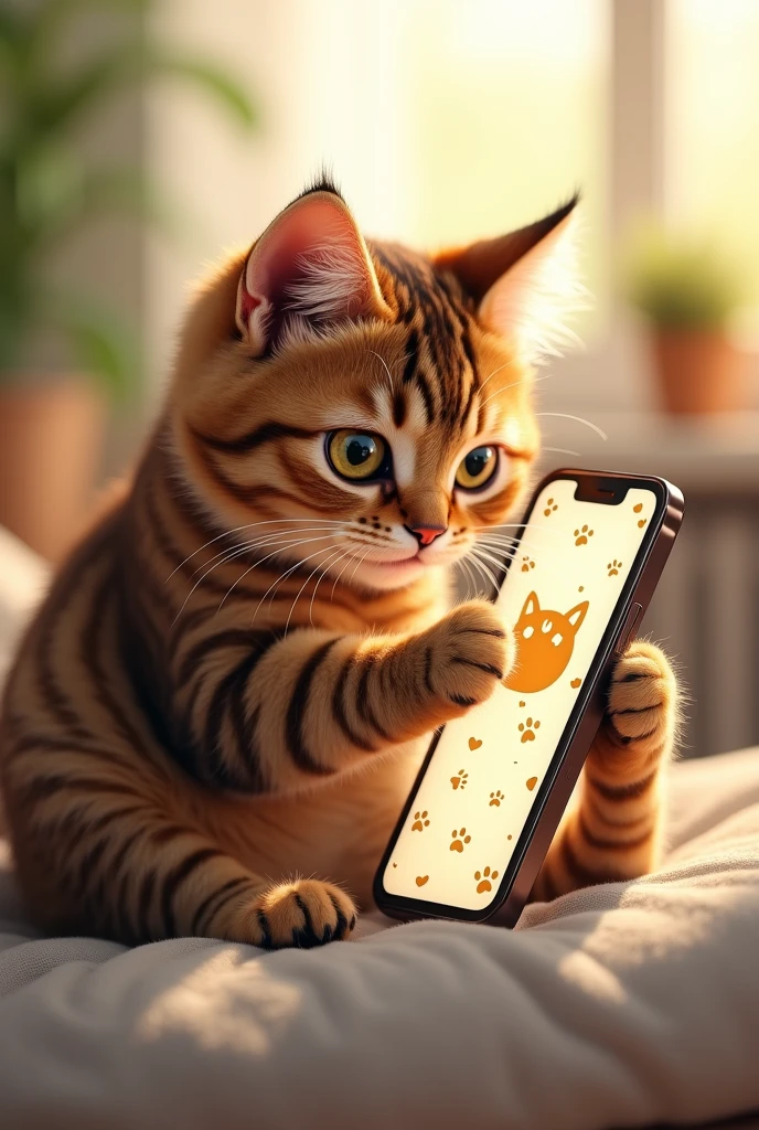 A description of a brown cat playing with a mobile phone with a sweet ...