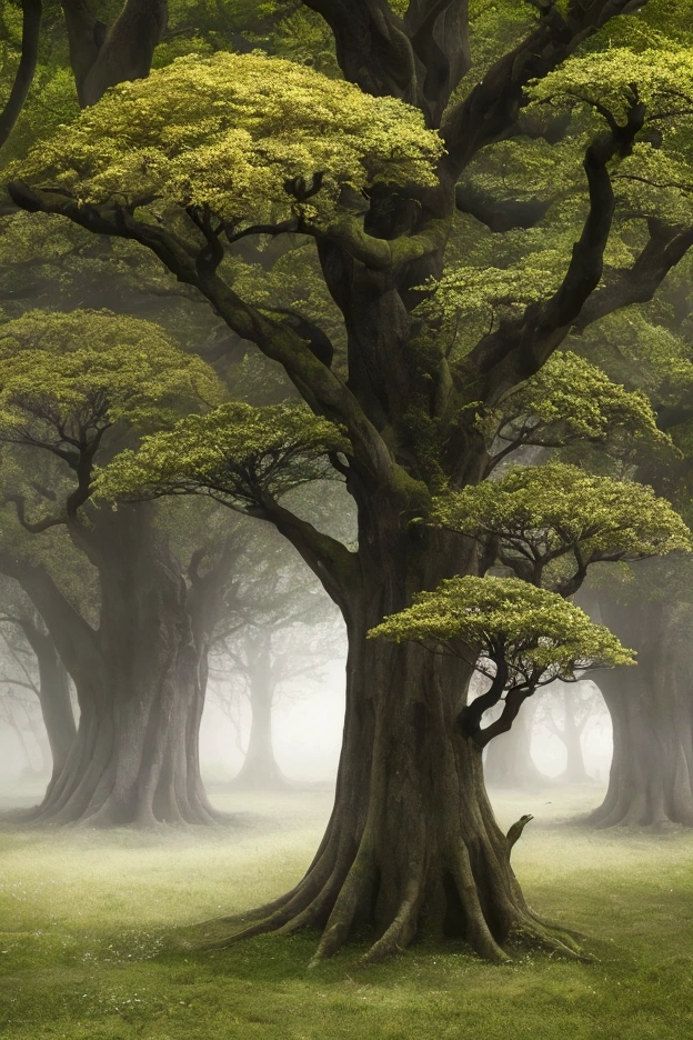 A very beautiful forest with thick fog with a tense yet beautiful ...
