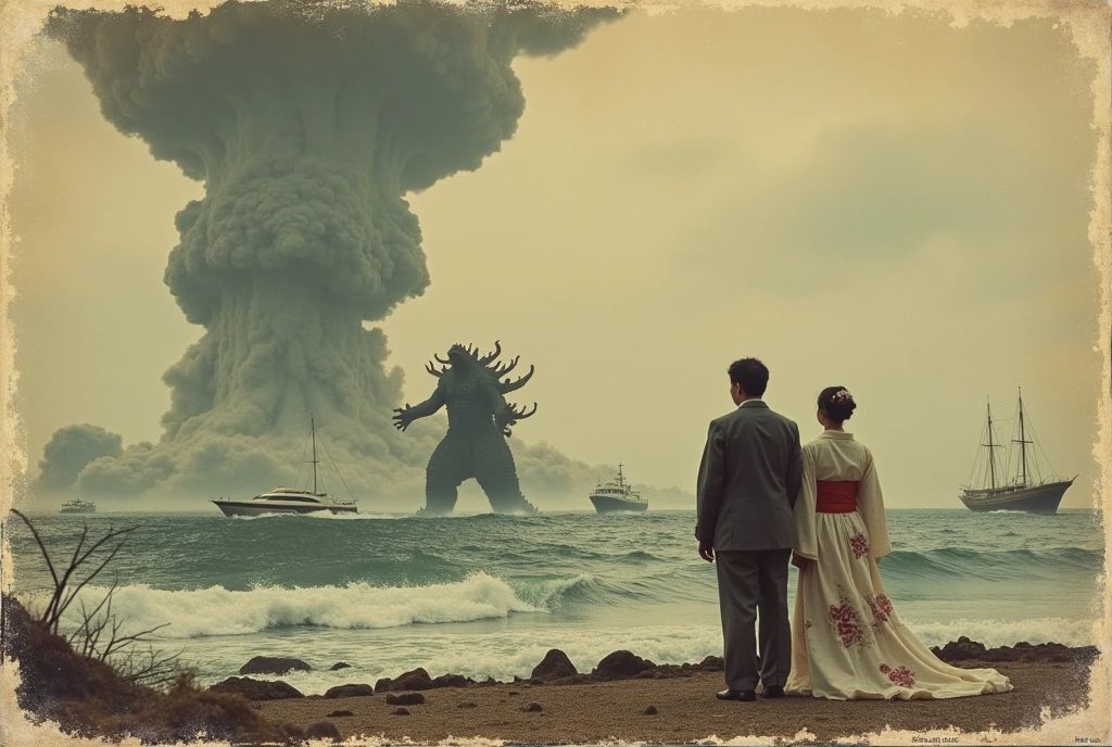Create me an old photograph from the 60s of a Japanese man and a ...