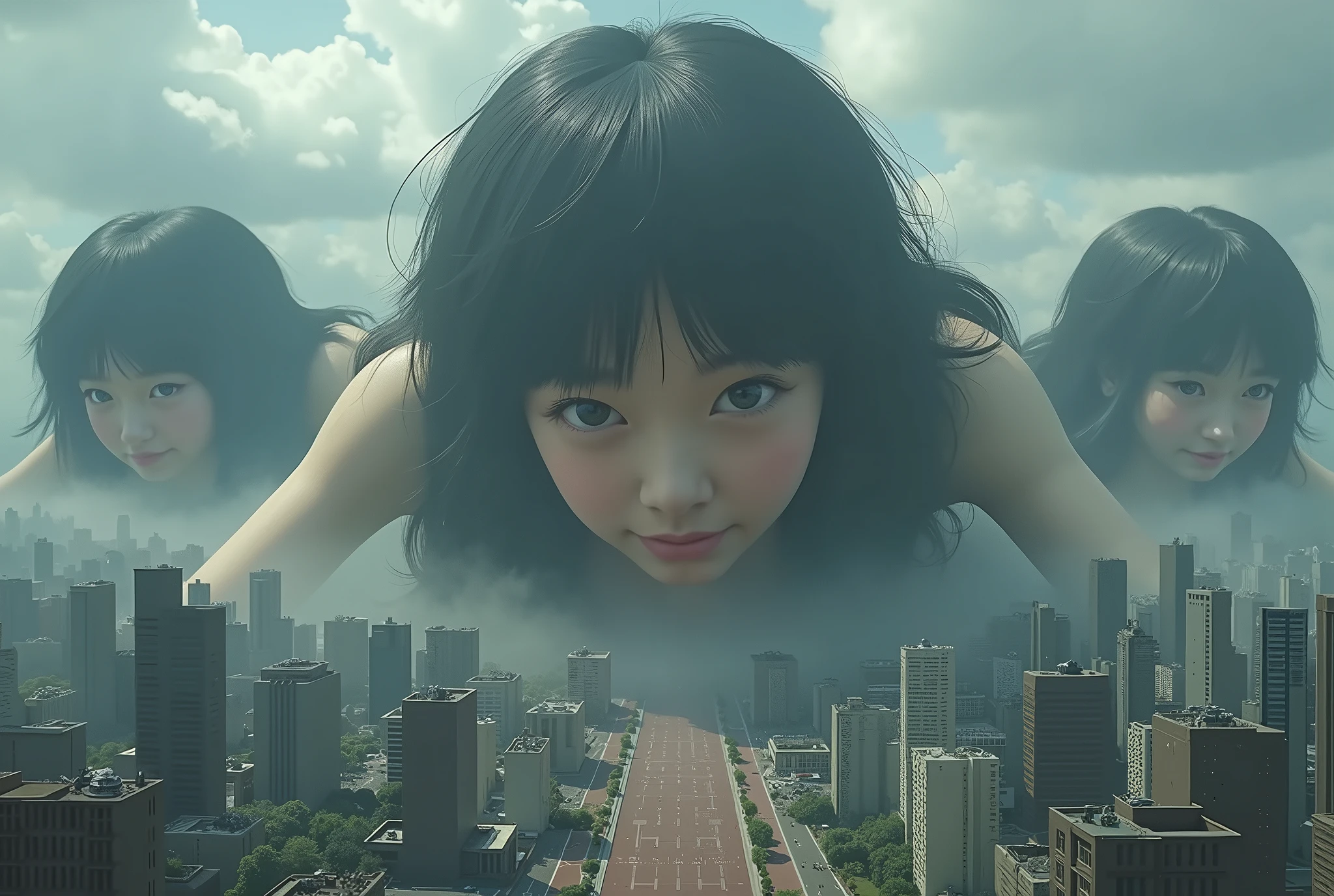 There are three girls that are flying over a city - SeaArt AI