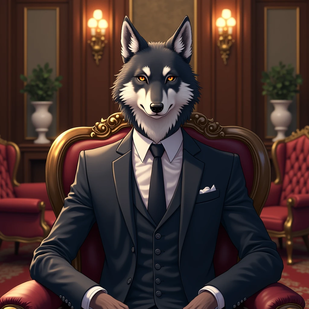 Man with wolf head with calm expression sitting in leather chair ...