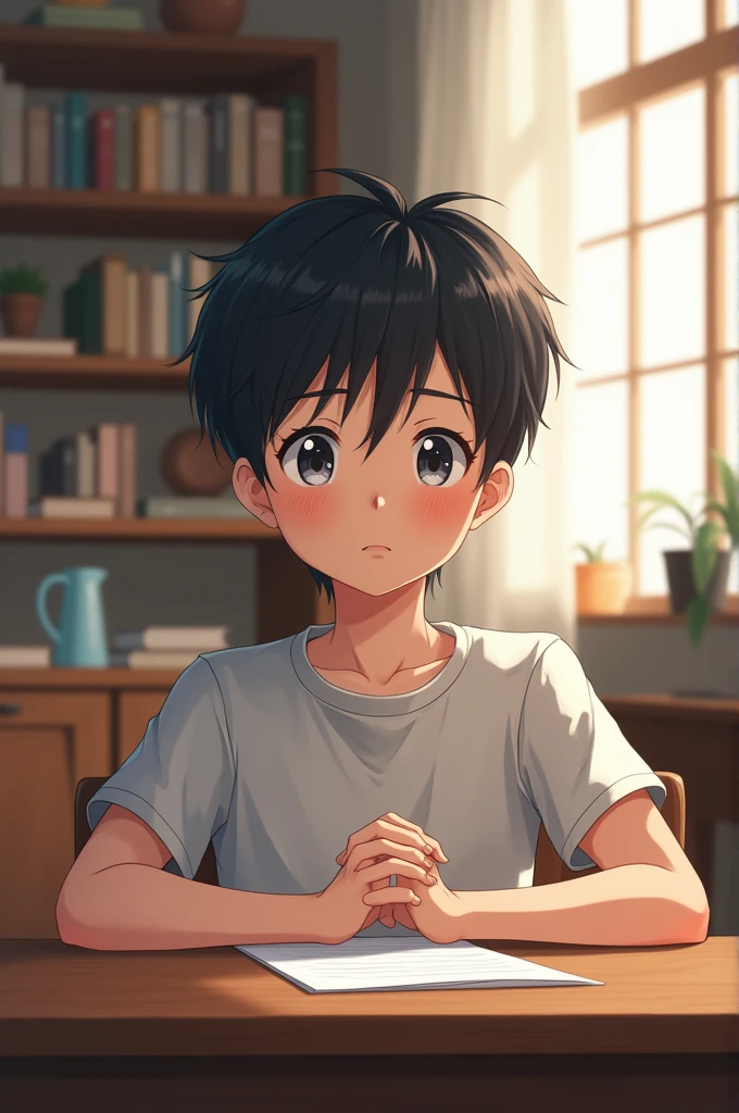 A anime boy setting on desk in the room looking in front of - SeaArt AI