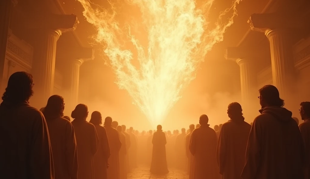 A divine heavenly light, holy spirit, disciples in a room, strong wind ...