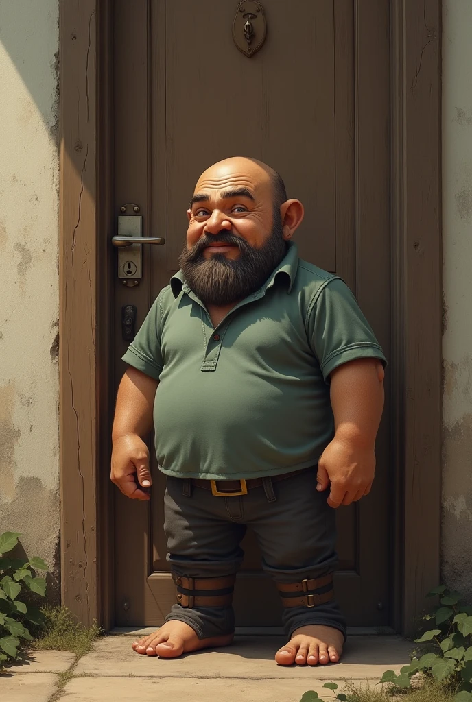 A dwarf dressed in pants and a polo shirt next to a closed door at the ...