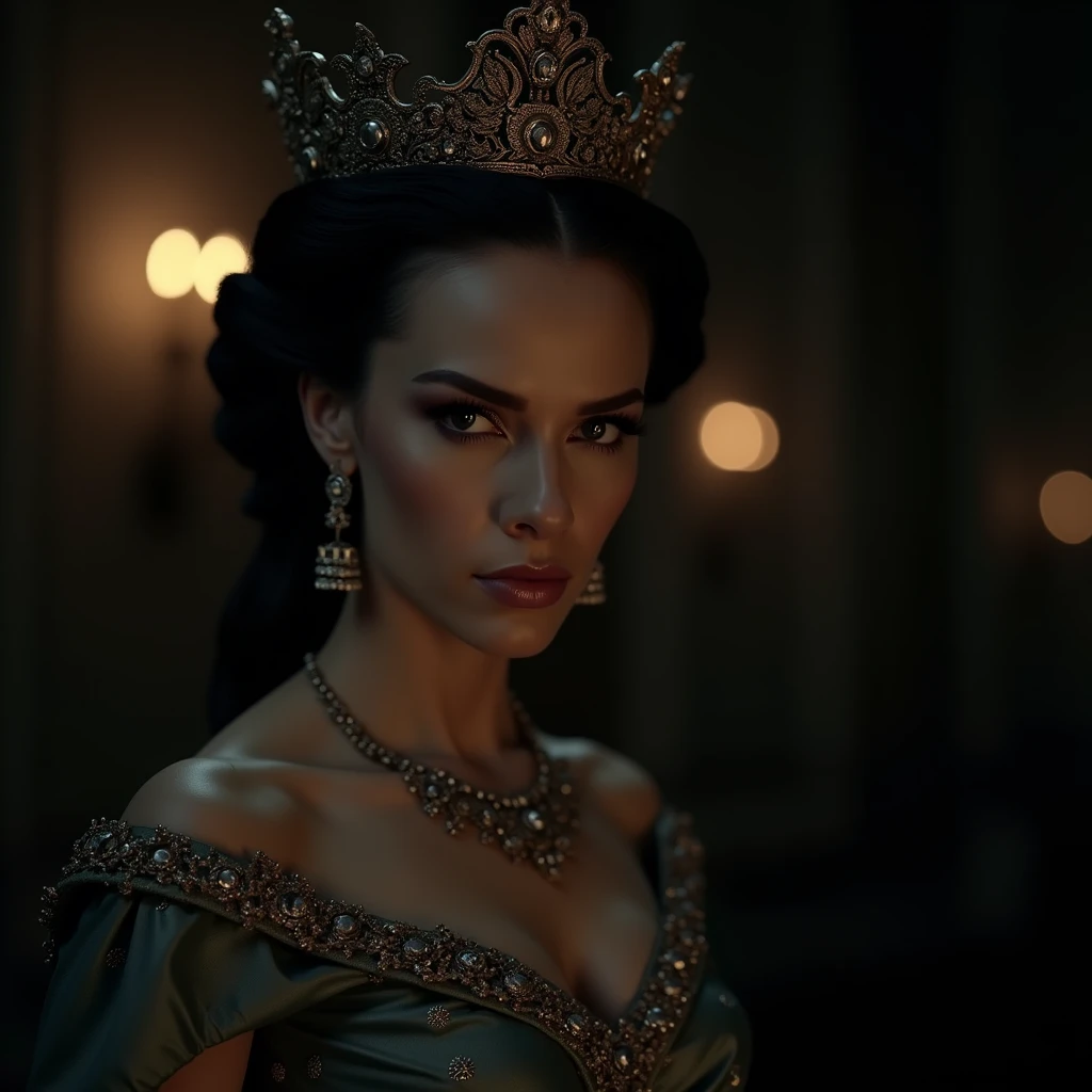 A queen looking at the camera sideways in anger, illuminated by the ...