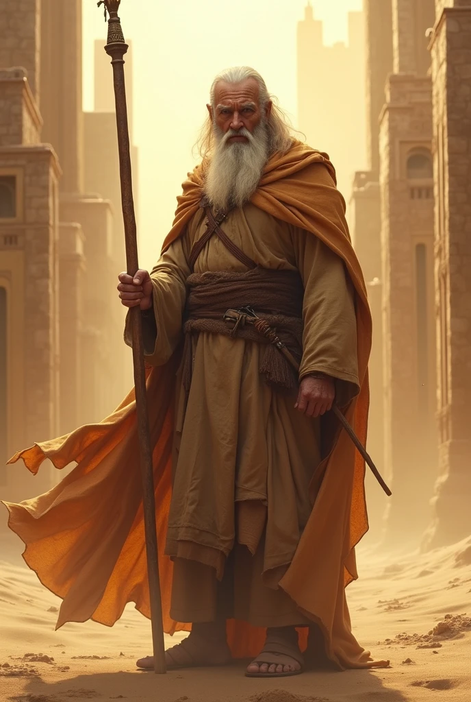 Old man, with a long staff in his hand, cape on the back in a desert ...