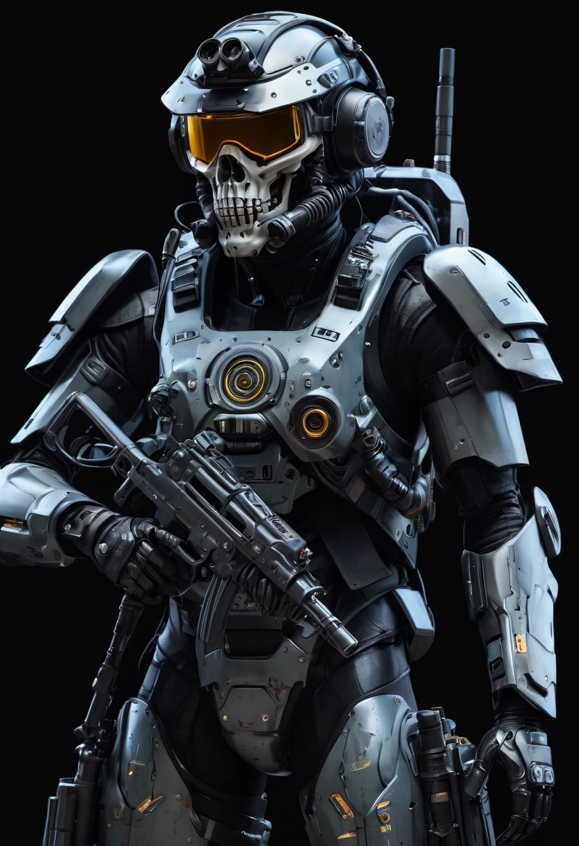 A futuristic automaton, mechanical body, augmentations, shoulder camera ...