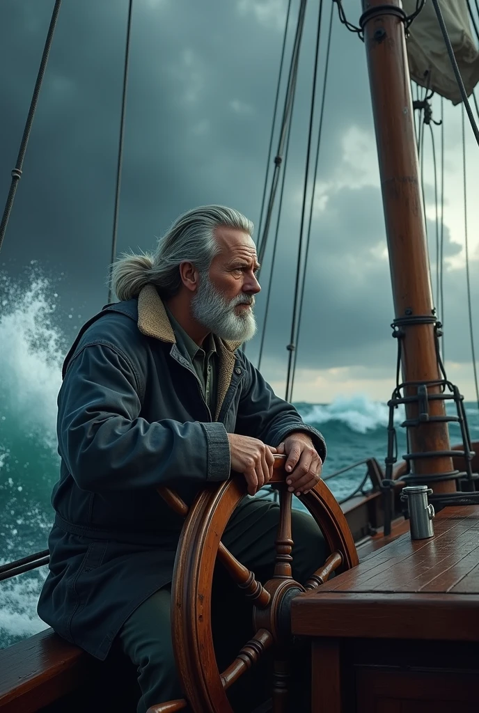 A weathered sailor gazing at a calm sea, dramatic storm clouds and ...