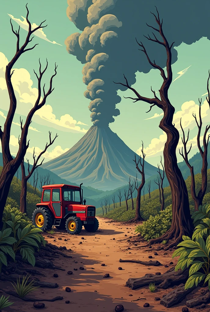 Make me a cartoon image showing a field of coffee crops devastated and ...