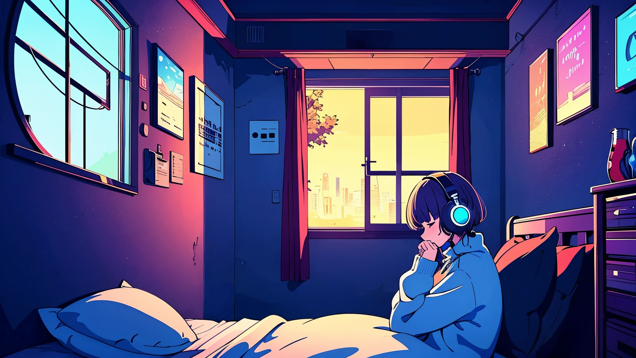 Anime girl sitting on bed with headphones on in a room - SeaArt AI