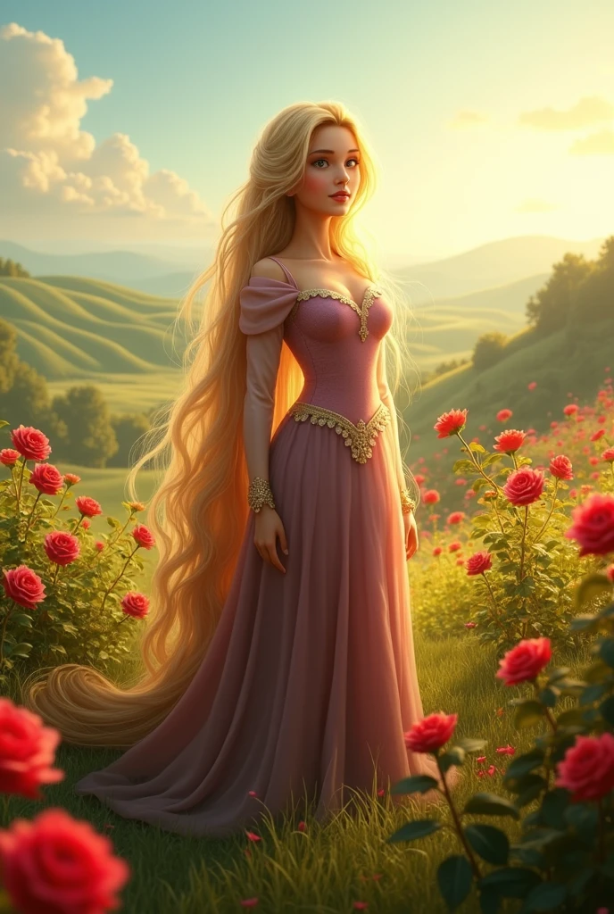 Realistic Rapunzel in a beautiful green field full of Roses with the ...