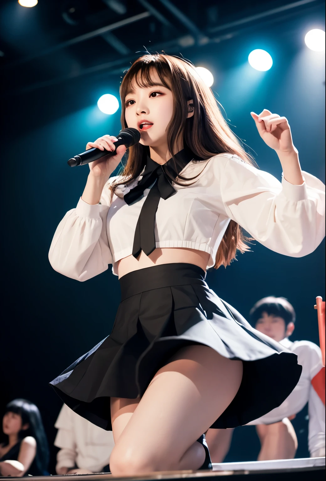 A close up of a woman in a short skirt holding a microphone - SeaArt AI