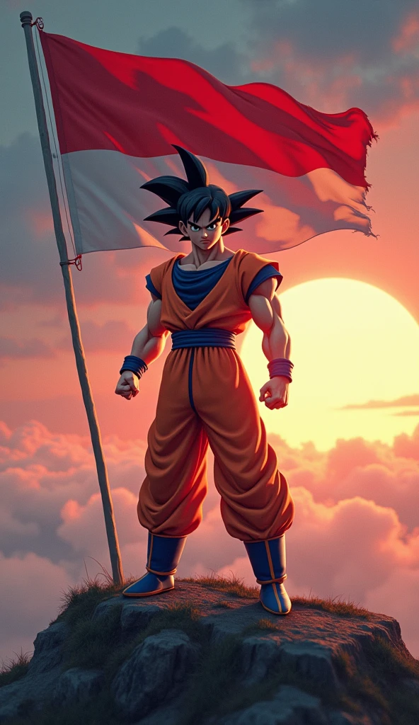 Little Goku stands on a high hill, planting the red and white flag of ...