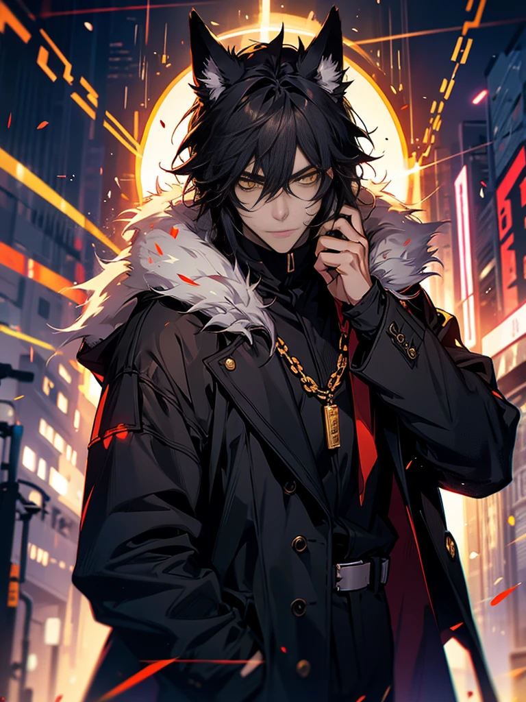 Man, Black Fox Man, Black fox tail, Golden eyes, coat, chain - SeaArt AI