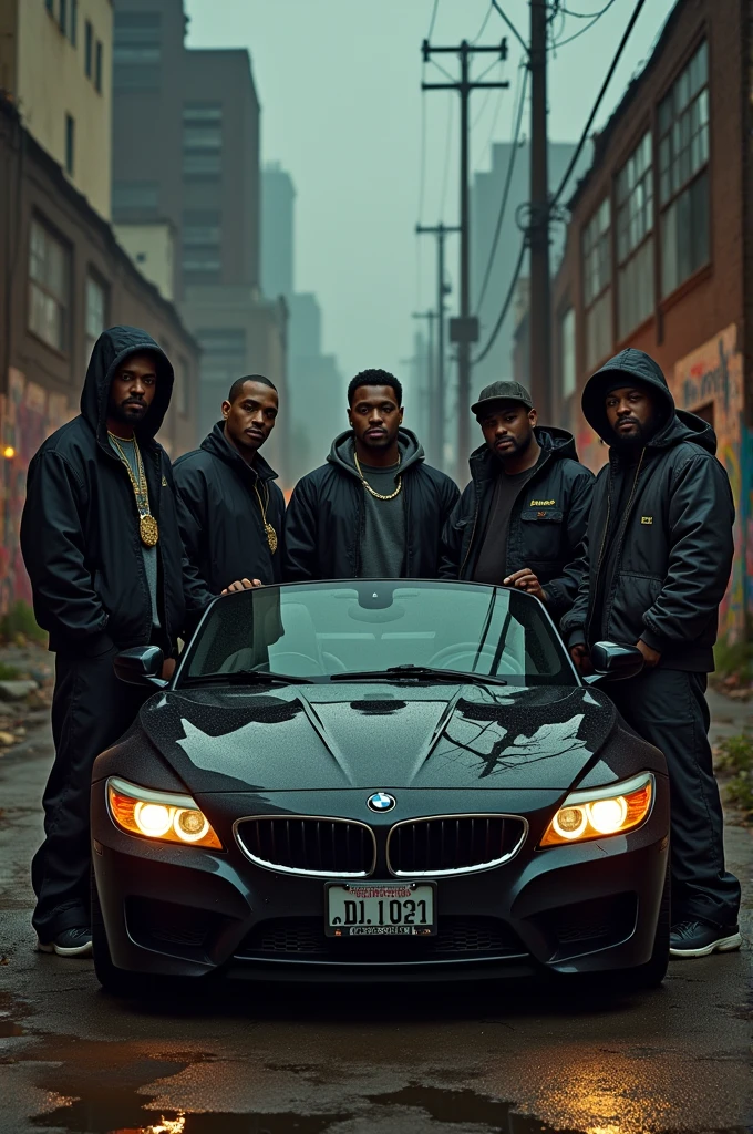 The nwa gang infront of a bmw sports car - SeaArt AI