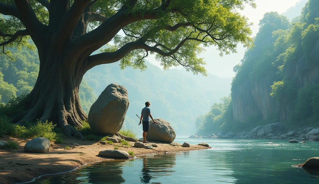"A beautiful riverbank, where two large stones lay under the shadow of ...
