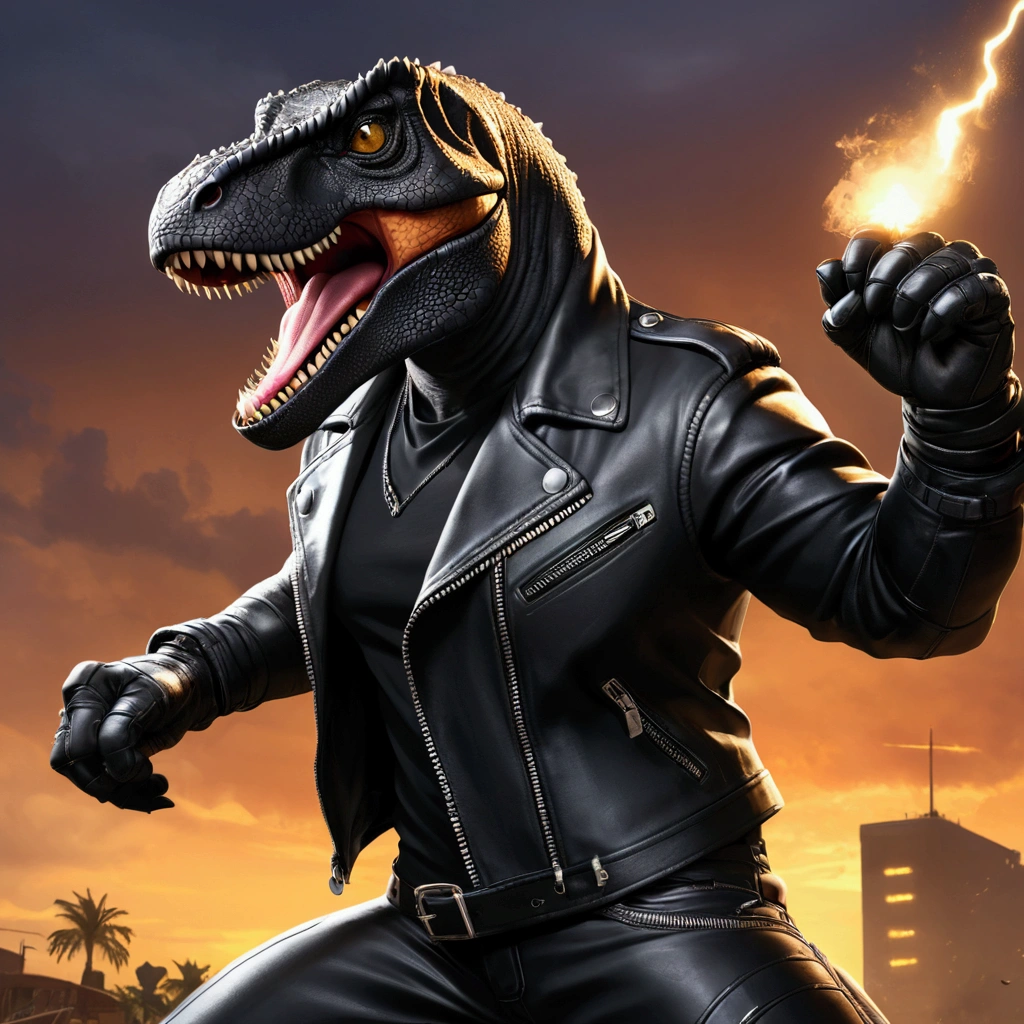 An extremely badass anthropomorphic black T-Rex mid-action, wearing an ...