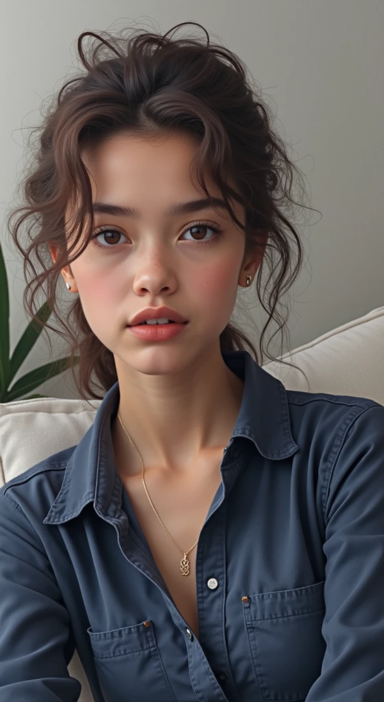 A brunette girl with curly hair and big breasts sits with her legs stretched out - SeaArt AI