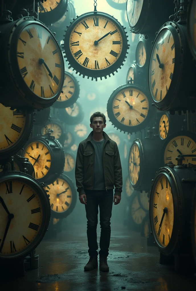 Younger man with clocks around him time traveling to the future - SeaArt AI