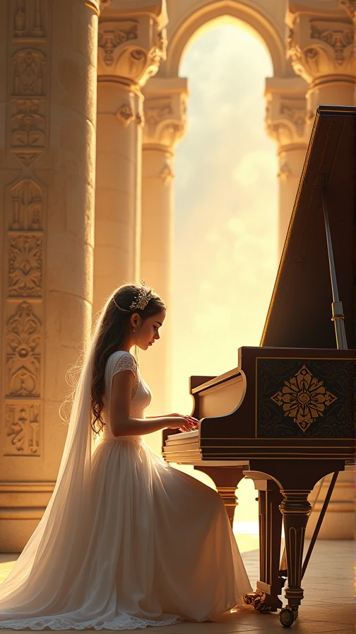 Anime、Image of a young princess playing a song on a grand piano in an ...