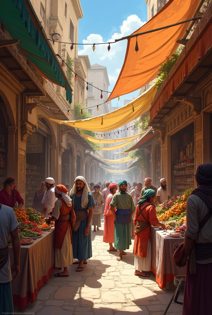 A Busy Marketplace – Capture a vibrant market scene with people buying ...