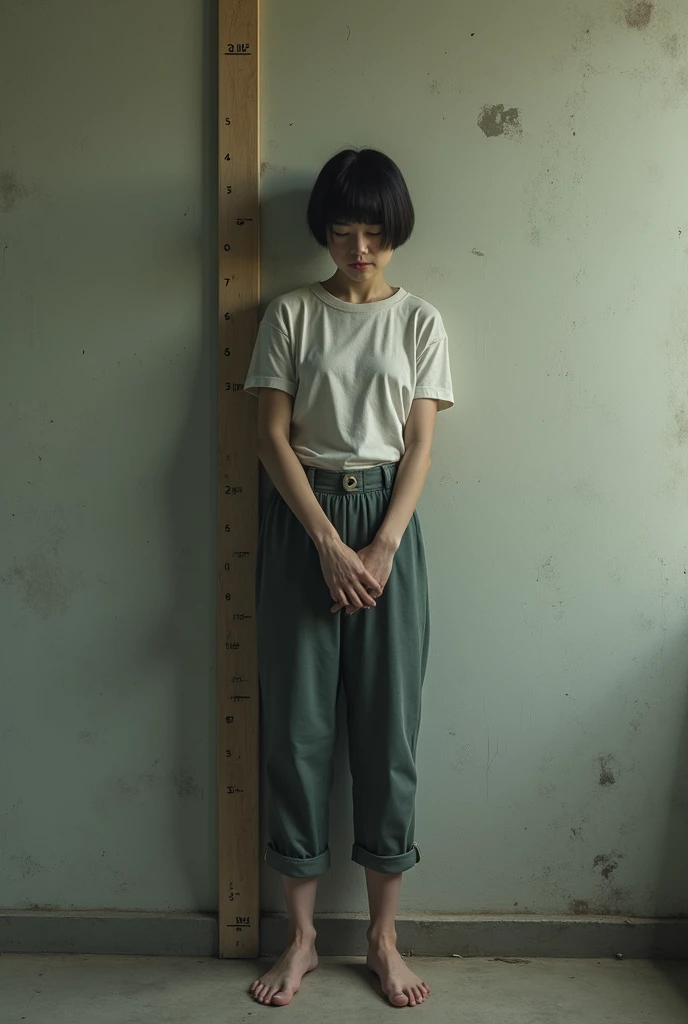A short-haired female prisoner measured her height against the wall ...