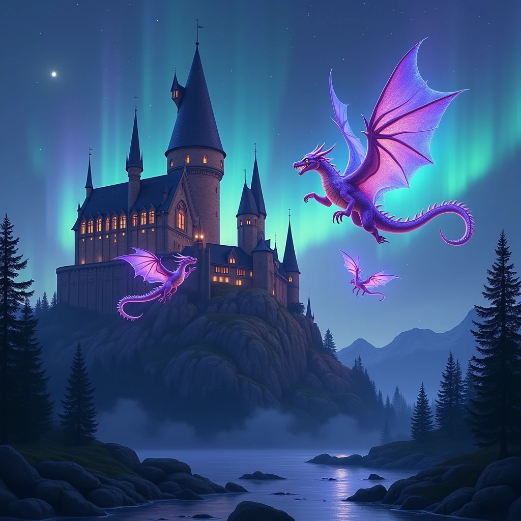 Magical flying dragons around a wizard castle dark nigh Northern light ...