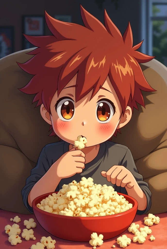 Anime character boy eating popcorn - SeaArt AI