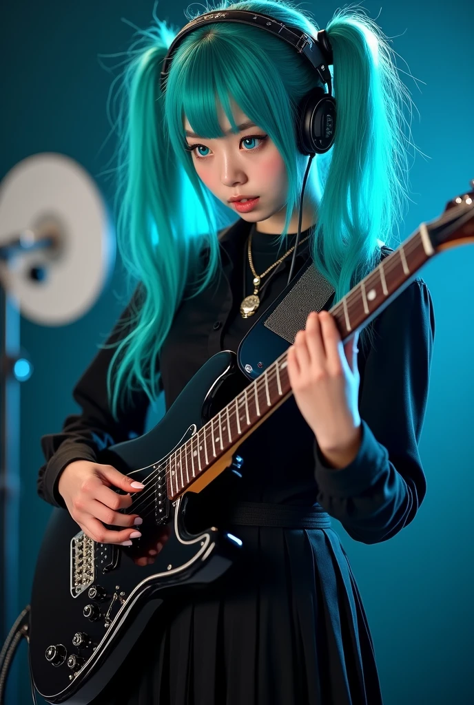 1girl, solo, black dress, blue eyes, electric guitar, guitar - SeaArt AI