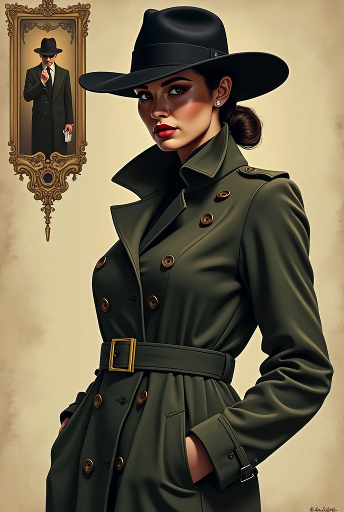 (a stylized lady agent in a trench coat and hat) in one corner design ...