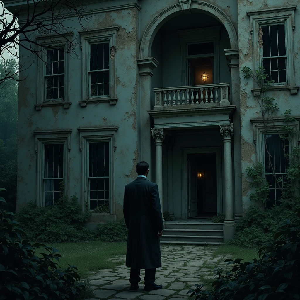 A 19th-century colonial mansion surrounded by overgrown vegetation ...