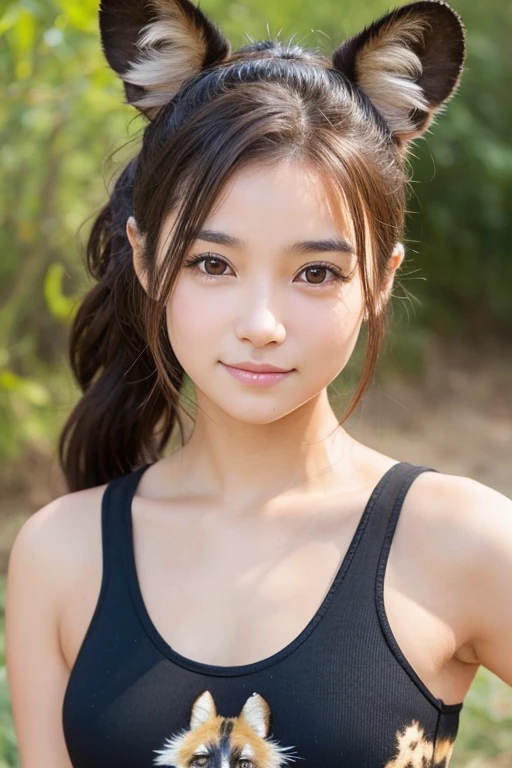 One woman、Age 19、1、Half African wild dog, half human、Cute face - SeaArt AI